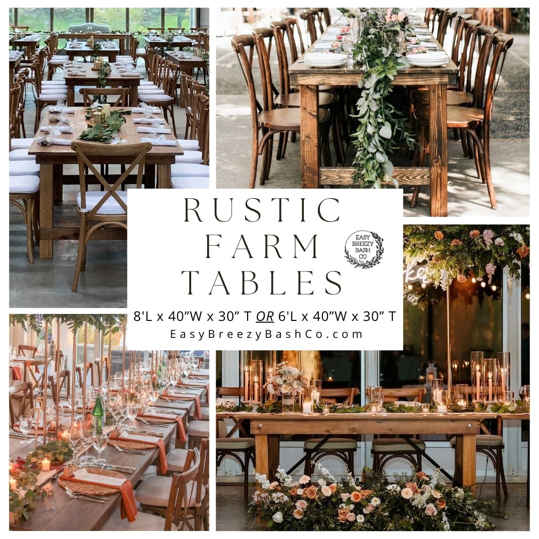 6ft or 8ft Rustic Farm Table Rental - Easy Breezy Bash Co Event Rentals